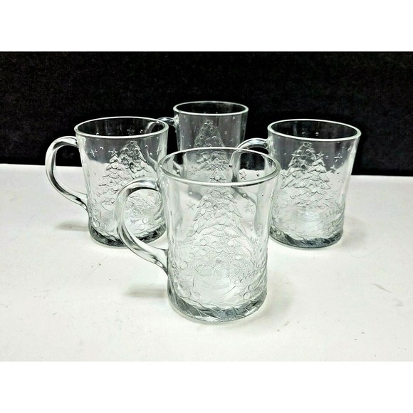 Arcoroc Dining Arcoroc Mugs Christmas Holly Tree Cups 3d Embossed Clear Glass Holiday Set Of